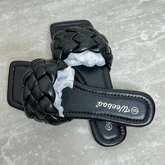 Weeboo | Shoes | Weeboo Cakewalk Woven Square Toe Slides In Black ...